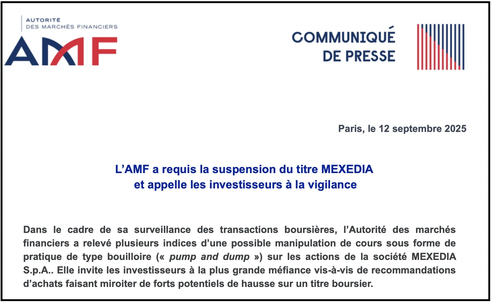 L’AMF suspend le titre MEXEDIA et appelle à la vigilance