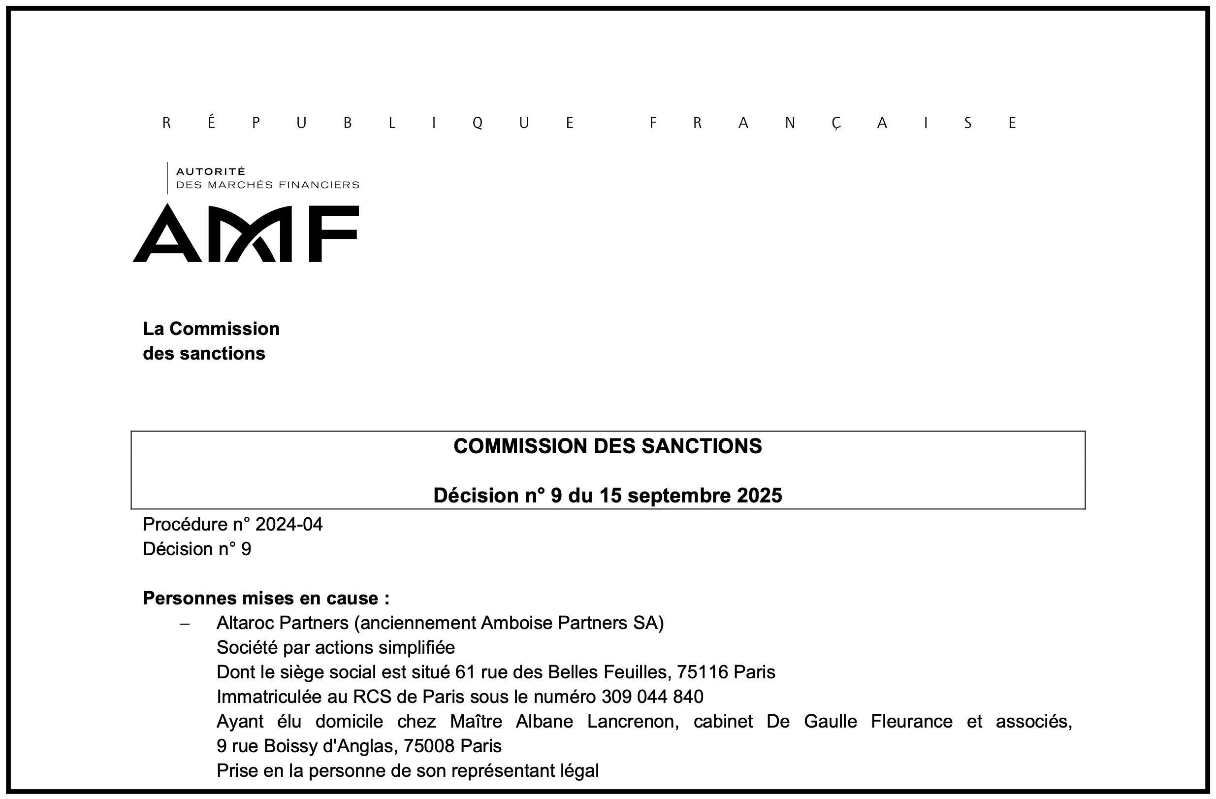 AMF: 1,3 million d'€ de sanction pour Alatroc Partners, Maurice Tchenio ...